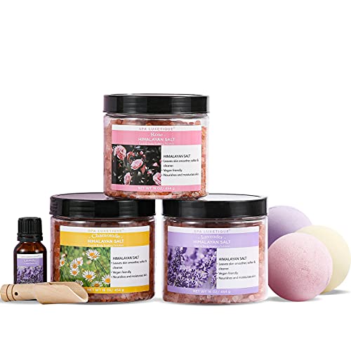 Epsom Salt for Soaking - 8pcs Pink Himalayan Bath Salts Gift Set with Essential Oil, Bath Bombs, Wooden Scoop, Revitalize and Soothes Skin, Bath Sets for Women Gift Spa Gifts Set for Valentine's Day