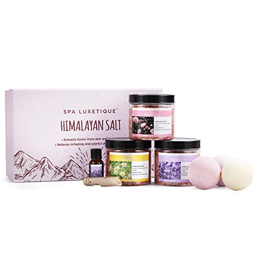 Epsom Salt for Soaking - 8pcs Pink Himalayan Bath Salts Gift Set with Essential Oil, Bath Bombs, Wooden Scoop, Revitalize and Soothes Skin, Bath Sets for Women Gift Spa Gifts Set for Valentine's Day