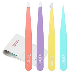 tweezers for eyebrows, slant tip and pointed eyebrow tweezer set great precision for eyebrows facial hair, ingrown hair, splinter, blackhead and tick remover (4-piece) (multi-color)