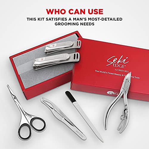 Seki Edge Craftsman Luxury Mens Grooming Kit (SS-3103) - 6 Piece Premium Manicure & Pedicure Nail Kit with Nail Clippers, Nail Nipper, Nose Scissors, Nail File, & Tweezers in Travel Case