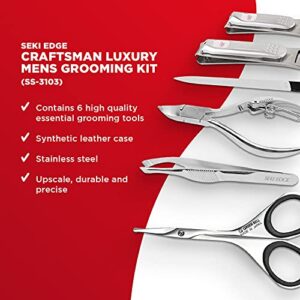 Seki Edge Craftsman Luxury Mens Grooming Kit (SS-3103) - 6 Piece Premium Manicure & Pedicure Nail Kit with Nail Clippers, Nail Nipper, Nose Scissors, Nail File, & Tweezers in Travel Case