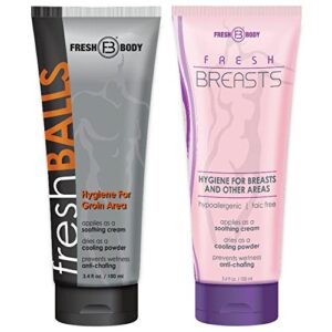 fresh body fb male female bundle: fresh balls 3.4 oz, soothing anti-chafing cream for men, and fresh breasts anti-chafing soothing lotion for women, 3.4 ounce