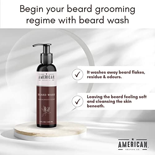 American Shaving Co Beard Wash with Sandalwood Scent, Jojoba Oil & Argan Oil, Soothing & Moisturizing Beard Care For All Types of Skin & Beard Hair, Softens and soothes the Beard itches, A Sandalwood scent infused Natural Beard Cream, 8 Oz