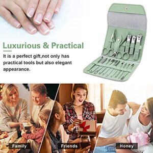 Leipple Manicure Set Professional Nail Clippers Pedicure Kit - 16 pcs Stainless Steel Grooming Kit - Nail Care Tools with Luxurious Travel Leather Case(Green)