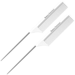 8.8 inch white metal tail comb (2 pack) carbon fiber and stainless steel pintail | lightweight | rat tail styling combs for all hair types | fine tooth teasing comb set (white 2 pack)