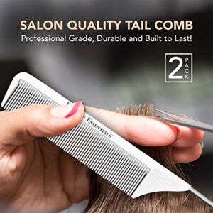 8.8 Inch White Metal Tail Comb (2 Pack) Carbon Fiber and Stainless Steel Pintail | Lightweight | Rat Tail Styling Combs for all Hair Types | Fine Tooth Teasing Comb Set (White 2 Pack)