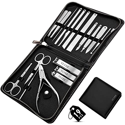 VLVEE Nail Clippers, 19pcs Stainless Home Nail Cutter Personal Care,With Zipper PU Leather Fingernail Clipper Grooming Set,Gifts for Men,Women