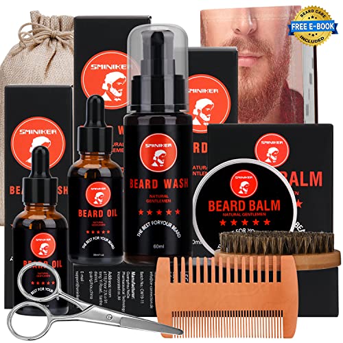 SMINIKER Beard Grooming Kit, 2 x Beard Oil, Beard Balm, Beard Shampoo,Beard Brush, Beard Comb, Beard & Mustache Scissors Beard Care Unique Gifts for Men Beard Growth & Trimming Kit