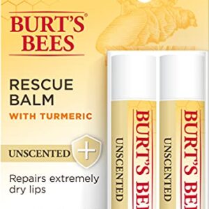 Burt's Bees 100% Natural Origin Rescue Lip Balm With Beeswax and Antioxidant-Rich Turmeric Promotes Healing Of Extremely Dry Lips, Unscented, 2 Tubes in Blister Box