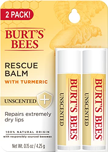 Burt's Bees 100% Natural Origin Rescue Lip Balm With Beeswax and Antioxidant-Rich Turmeric Promotes Healing Of Extremely Dry Lips, Unscented, 2 Tubes in Blister Box