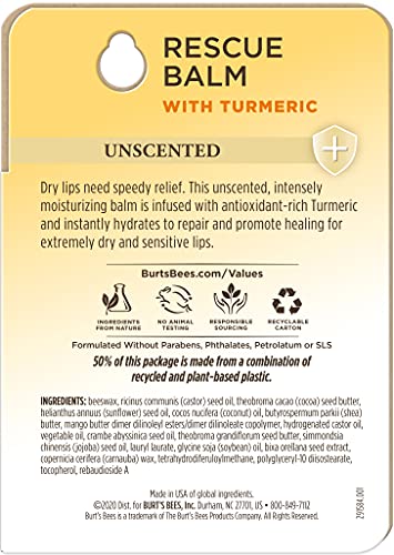 Burt's Bees 100% Natural Origin Rescue Lip Balm With Beeswax and Antioxidant-Rich Turmeric Promotes Healing Of Extremely Dry Lips, Unscented, 2 Tubes in Blister Box