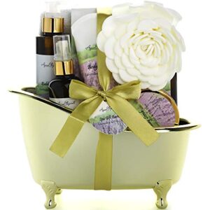 spa gift baskets for women – luxury bath set with lavender & tea tree oil – spa kit includes body wash, bubble bath, lotion, bath salts, body scrub, body spray, shower puff, and towel