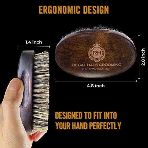 Regal Haus Grooming Premium Barber Quality Boar Bristle Beard and Mustache Brush for Men with Reusable Box- Grooming Care Products for Men - Comb Beard Oil or Balm Through Facial Hair - Military Style