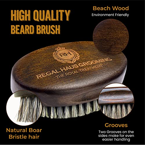 Regal Haus Grooming Premium Barber Quality Boar Bristle Beard and Mustache Brush for Men with Reusable Box- Grooming Care Products for Men - Comb Beard Oil or Balm Through Facial Hair - Military Style