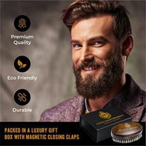 Regal Haus Grooming Premium Barber Quality Boar Bristle Beard and Mustache Brush for Men with Reusable Box- Grooming Care Products for Men - Comb Beard Oil or Balm Through Facial Hair - Military Style