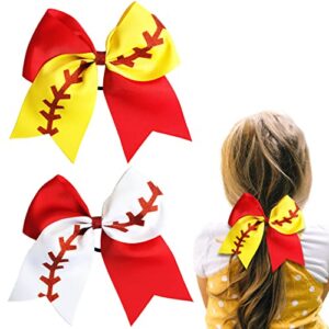 baseball softball cheer bow elastic hair tie 7″ girls team cheerleader ponytail holder large handmade cheerleading ribbon accessories sports outfit decor gift glitter red yellow white