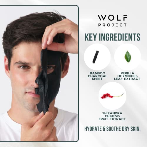 Wolf Project Men Skin Care Kit - Advanced Skin Care Set - Anti-Aging Face Moisturizer Gel Cream, Hydrating Charcoal Face Sheet Mask, Charcoal Face Cleanser - 3-Pack Mens Facial Care Kit