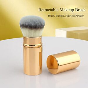 QiBusLeen Retractable Kabuki Foundation Makeup Brush Travel Blush Brush Flat Top Kabuki Face Blush Liquid Powder Foundation Brush for Blush, Buffing, Highlight, Contour, Flawless Powder Cosmetics (Gold)