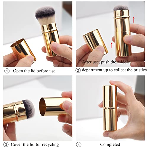 QiBusLeen Retractable Kabuki Foundation Makeup Brush Travel Blush Brush Flat Top Kabuki Face Blush Liquid Powder Foundation Brush for Blush, Buffing, Highlight, Contour, Flawless Powder Cosmetics (Gold)