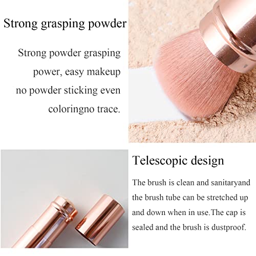 QiBusLeen Retractable Kabuki Foundation Makeup Brush Travel Blush Brush Flat Top Kabuki Face Blush Liquid Powder Foundation Brush for Blush, Buffing, Highlight, Contour, Flawless Powder Cosmetics (Gold)