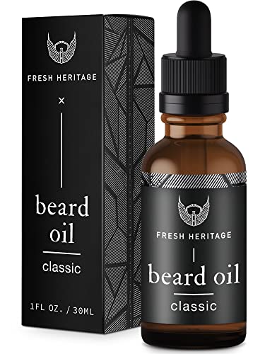 Fresh Heritage 1 fl.oz. Mens Beard Oil- Premium Beard Softening Oil- All Natural Beard Oil, Cruelty-Free & Scented Beard Products- Thicker Beard Oil For Softer, Fuller Beard- Classic/Refresh Scents