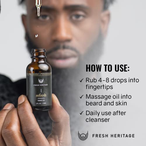 Fresh Heritage 1 fl.oz. Mens Beard Oil- Premium Beard Softening Oil- All Natural Beard Oil, Cruelty-Free & Scented Beard Products- Thicker Beard Oil For Softer, Fuller Beard- Classic/Refresh Scents