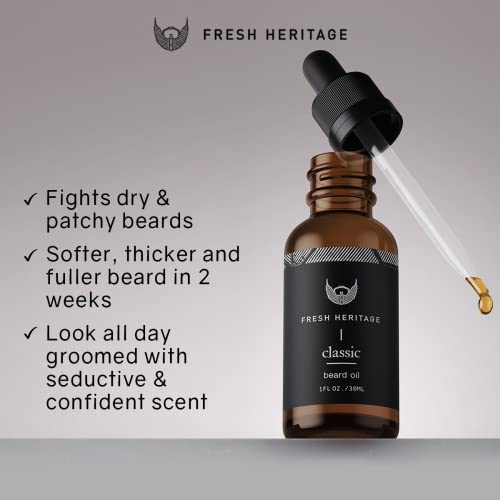 Fresh Heritage 1 fl.oz. Mens Beard Oil- Premium Beard Softening Oil- All Natural Beard Oil, Cruelty-Free & Scented Beard Products- Thicker Beard Oil For Softer, Fuller Beard- Classic/Refresh Scents