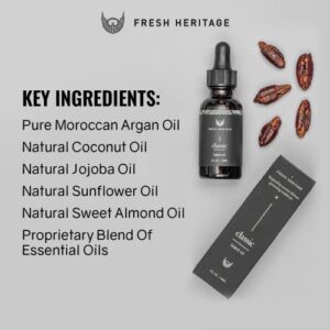 Fresh Heritage 1 fl.oz. Mens Beard Oil- Premium Beard Softening Oil- All Natural Beard Oil, Cruelty-Free & Scented Beard Products- Thicker Beard Oil For Softer, Fuller Beard- Classic/Refresh Scents