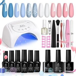 beetles gel nail polish kit with 48w u v nail lamp starter kit 6 pcs blue white nude pink glitter gel polish set base gel top coat diy pink decorations manicure gifts for women