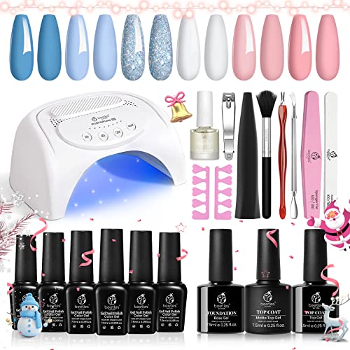 Beetles Gel Nail Polish Kit with 48W U V Nail Lamp Starter Kit 6 pcs Blue White Nude Pink Glitter Gel Polish Set Base Gel Top Coat DIY Pink Decorations Manicure Gifts for Women