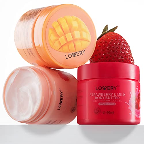 Whipped Body Butter Creams in Mango, Pink Grapefruit, Strawberry Scents, Ultra-Hydrating Shea Enriched with Jojoba Oil & Vitamin E, Natural Skin Moisturizer for Men & Women, Normal to Dry Skin, 3pc