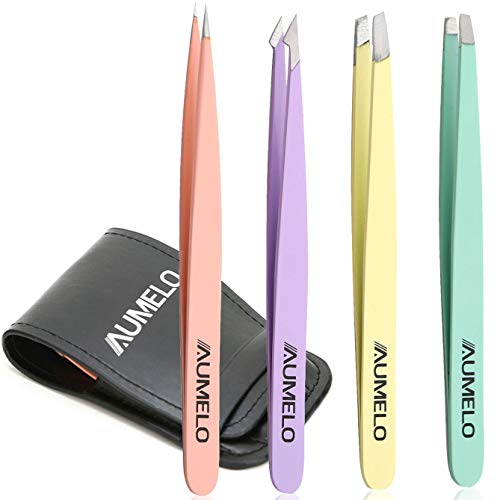 Tweezers Set 4-Piece Professional Stainless Steel Tweezers with Leather Travel Case by AUMELO - Precision Eyebrow and Splinter Ingrown Hair Removal Tweezer - MultiColor