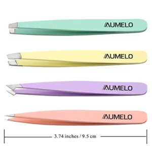 Tweezers Set 4-Piece Professional Stainless Steel Tweezers with Leather Travel Case by AUMELO - Precision Eyebrow and Splinter Ingrown Hair Removal Tweezer - MultiColor