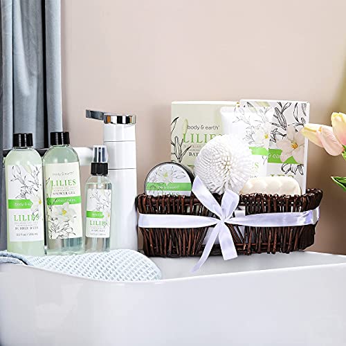 Gift Baskets for Women,Body&Earth Spa Basket Gifts for Women,Lily 10pc Spa Kit Gift Set with Bubble Bath,Shower Gel,Body Scrub,Body Lotion,Bath Salt,Birthday Gifts Set for Women,Mom,Mother's Day Gifts