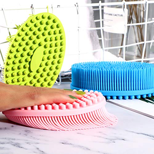 BBTO 3 Pieces Exfoliating Silicone Body Scrubber Body Silicone Scrubber Brush Silicone Body Wash Scrubber for Skin Exfoliation, 3 Colors (Pink, Blue and Green)