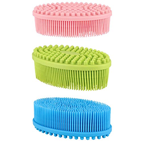 BBTO 3 Pieces Exfoliating Silicone Body Scrubber Body Silicone Scrubber Brush Silicone Body Wash Scrubber for Skin Exfoliation, 3 Colors (Pink, Blue and Green)