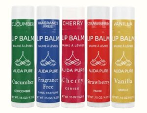 alida pure vegan melody lip balm collection, cruelty free, beeswax free, coconut oil free, 5 lip balm set, organic jojoba oil, avocado oil, and vitamin e, natural moisturizing lip balm | lip gloss, for dry, chapped, or cracked lips