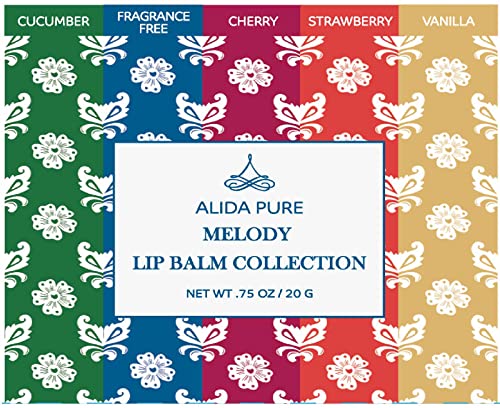 ALIDA PURE Vegan Melody Lip Balm Collection, Cruelty Free, Beeswax Free, Coconut Oil Free, 5 Lip Balm Set, Organic Jojoba Oil, Avocado Oil, and Vitamin E, Natural Moisturizing Lip Balm | Lip Gloss, for Dry, Chapped, or Cracked Lips