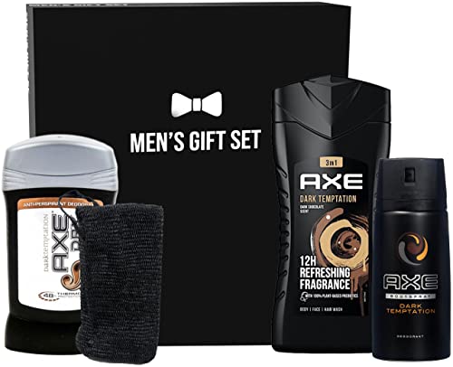 Axe Gift Set for Him, Men's Holiday Gift Set Includes Dark Temptation Body Wash, Axe Men Dark Temptation Deodorant Stick, Axe Dark Temptation Body Spray and more in Gift Box