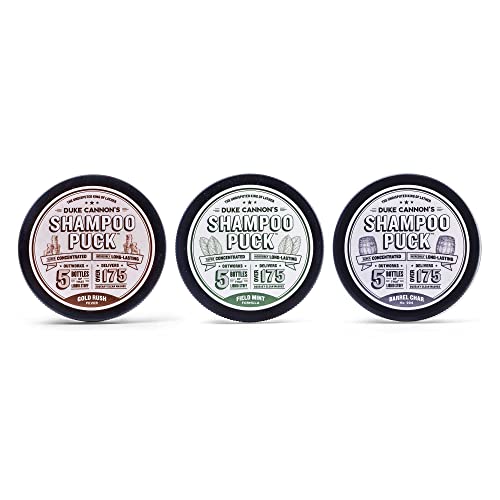 Duke Cannon Supply Co. Shampoo Puck for Men Hat Trick (Barrel Char, Gold Rush, Field Mint) Variety-Pack - Eco Friendly, Plastic Free, Solid Shampoo, Concentrated, Long-Lasting, 4.5 oz (Variety 3 Pack)