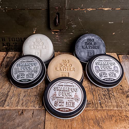 Duke Cannon Supply Co. Shampoo Puck for Men Hat Trick (Barrel Char, Gold Rush, Field Mint) Variety-Pack - Eco Friendly, Plastic Free, Solid Shampoo, Concentrated, Long-Lasting, 4.5 oz (Variety 3 Pack)