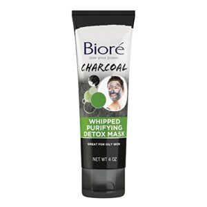 biore charcoal whipped purifying detox mask, with natural charcoal, deep pore cleansing, 4 ounce, dermatologist tested, non-comedogenic, oil free