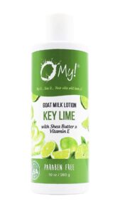 o my! goat milk lotion | made with farm-fresh goat milk | shea butter and vit e | free of parabens & more | handcrafted in usa