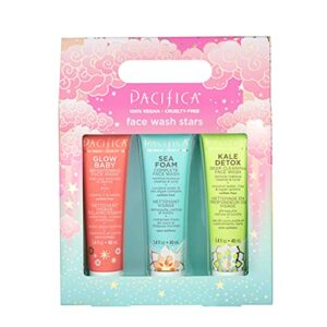 pacifica beauty face wash trial set, travel size toiletries, sea foam, glow baby, kale detox cleanser, holiday gift set, skincare stocking stuffer, coconut and vitamin c, vegan, 3 count