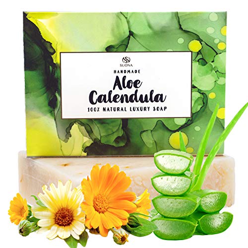 Suona Aloe Vera Calendula Oil Soap - Versatile Aloe Vera Face & Body Wash | Aloe, Calendula & Shea Butter | Soothes & Nourishes All Skin Types | Organic Aloe Vera Gel & Calendula Oil Soap Bar