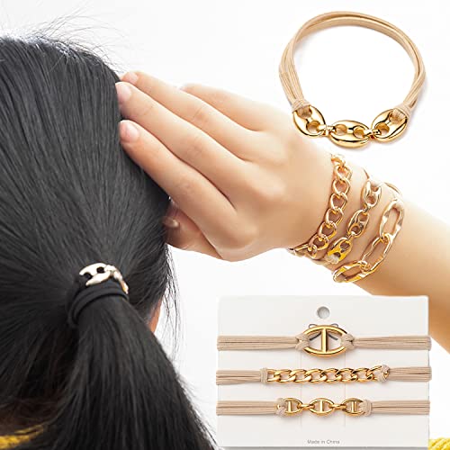 Bracelet Hair Ties With Gold Silvery and Beige Elastic,2 in 1 No Crease Hair Ponytails & Elastic,Looks Cute On Your Wrist And Great In Your Hair (3PCS, Black Silver new)