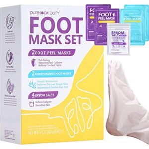 foot masks puresoak bath foot peel mask (2 pairs) + moisturizing foot mask (2 pairs) with 1pack epsom salt foot spa bath kit gift set | lavender bliss foot peel mask lemongrass & aloe moisturizing mask foot relaxing soft treatment for women & men foot car