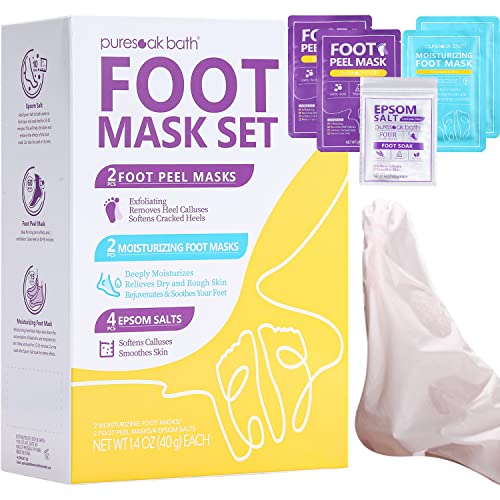 Foot Masks Puresoak Bath Foot Peel Mask (2 Pairs) + Moisturizing Foot Mask (2 Pairs) with 1Pack Epsom Salt Foot Spa Bath Kit Gift Set | Lavender Bliss Foot Peel Mask Lemongrass & Aloe Moisturizing Mask Foot Relaxing Soft Treatment for Women & Men Foot Car