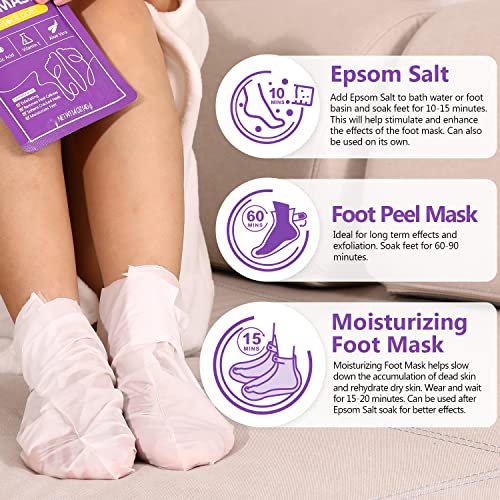 Foot Masks Puresoak Bath Foot Peel Mask (2 Pairs) + Moisturizing Foot Mask (2 Pairs) with 1Pack Epsom Salt Foot Spa Bath Kit Gift Set | Lavender Bliss Foot Peel Mask Lemongrass & Aloe Moisturizing Mask Foot Relaxing Soft Treatment for Women & Men Foot Car