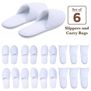 Spa Slippers, Disposable Slippers for Guests Bulk of 6 Pairs - Non-Slip Closed-Toe Premium White Spa Slippers Bulk with Travel Bags - Coral Fleece Hotel Slippers for Women and Men (3 Medium and 3 Large)